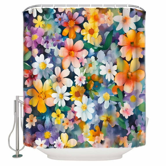 Blue Yellow Flowers Bathroom Shower Curtains with 12 Hooks Polyester ...