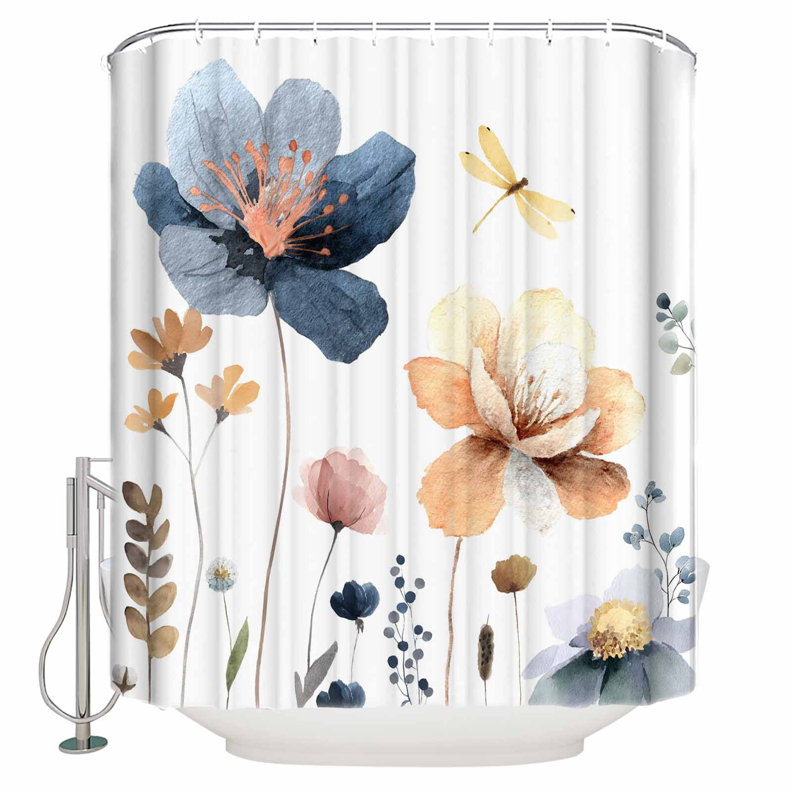 Blue Yellow Flowers Bathroom Shower Curtains with 12 Hooks Polyester ...