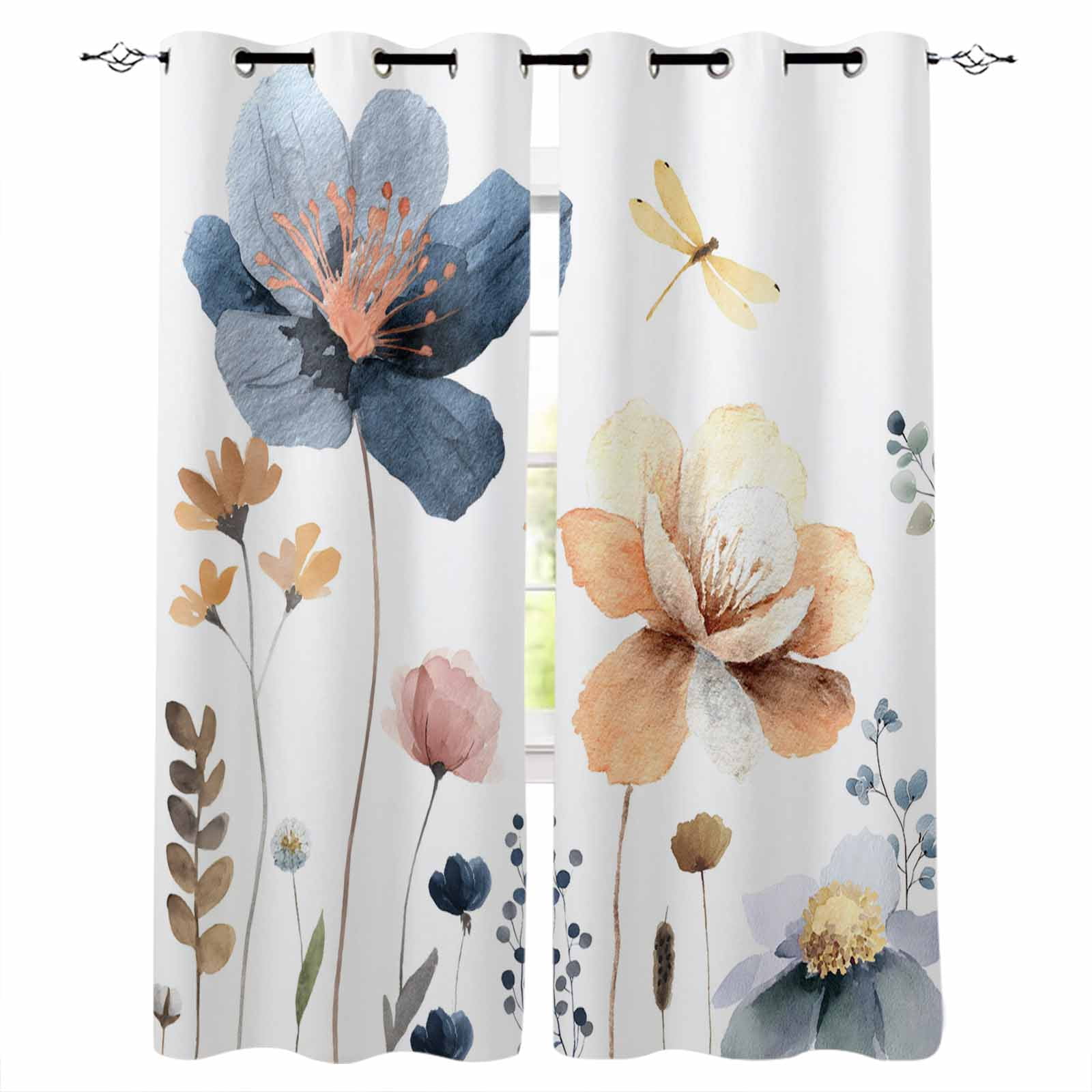 Blue Yellow Flowers Blackout Curtains for Bedroom/Living Room, Thermal ...