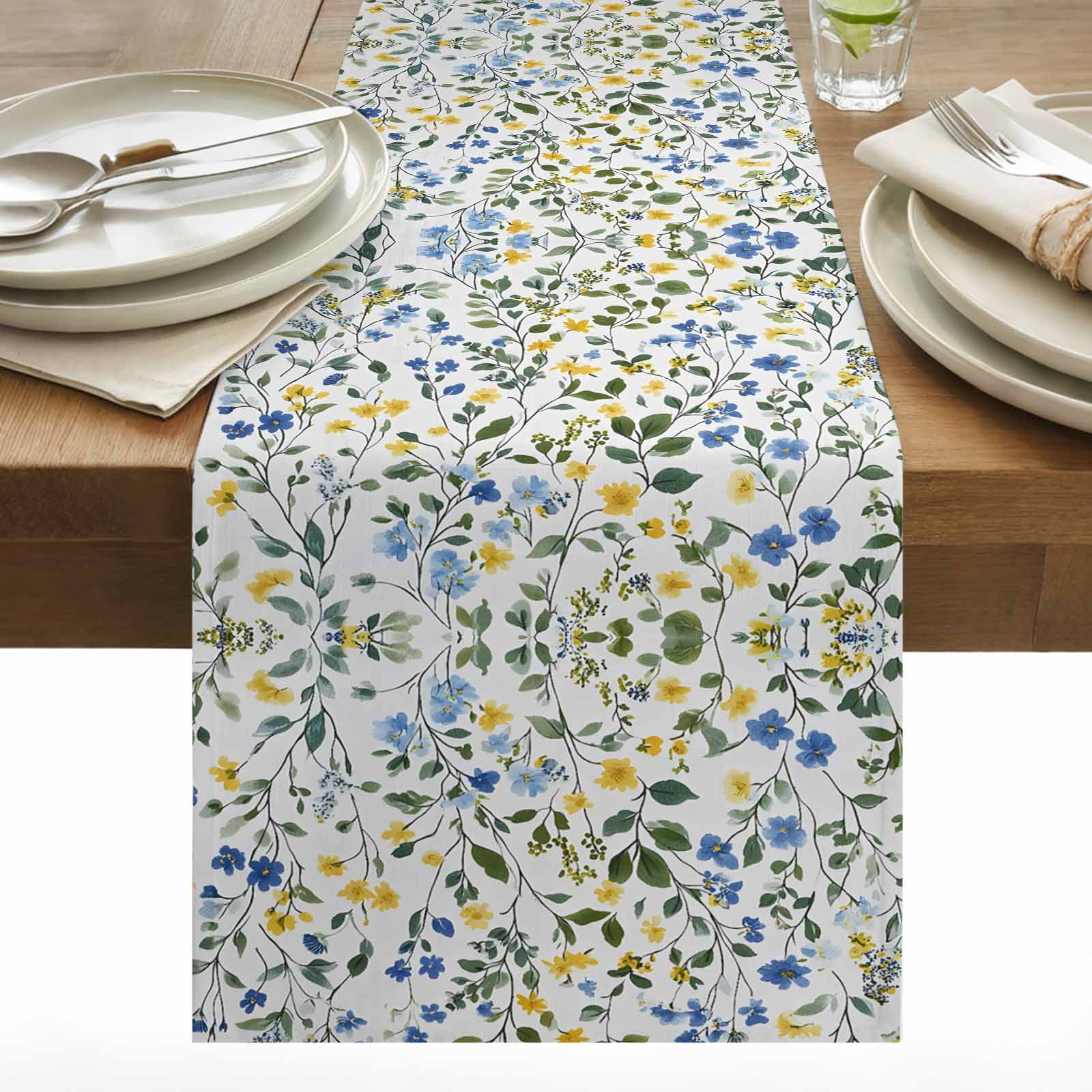 Blue Yellow Flowers Cotton Linen Table Runner Watercolor Leaf Dining ...
