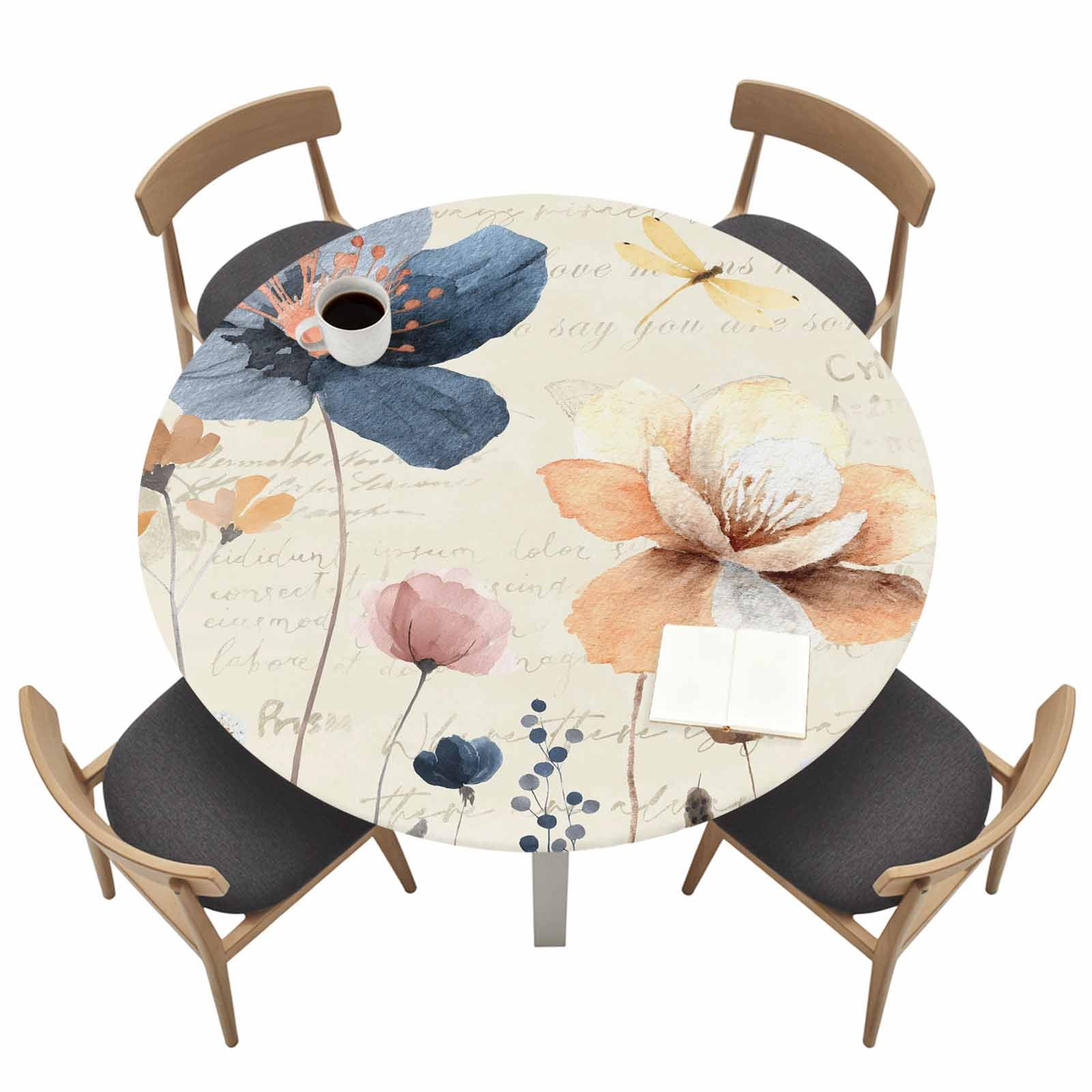 Blue Yellow Flowers Fitted Tablecloth with Elastic Edged, Round Table ...
