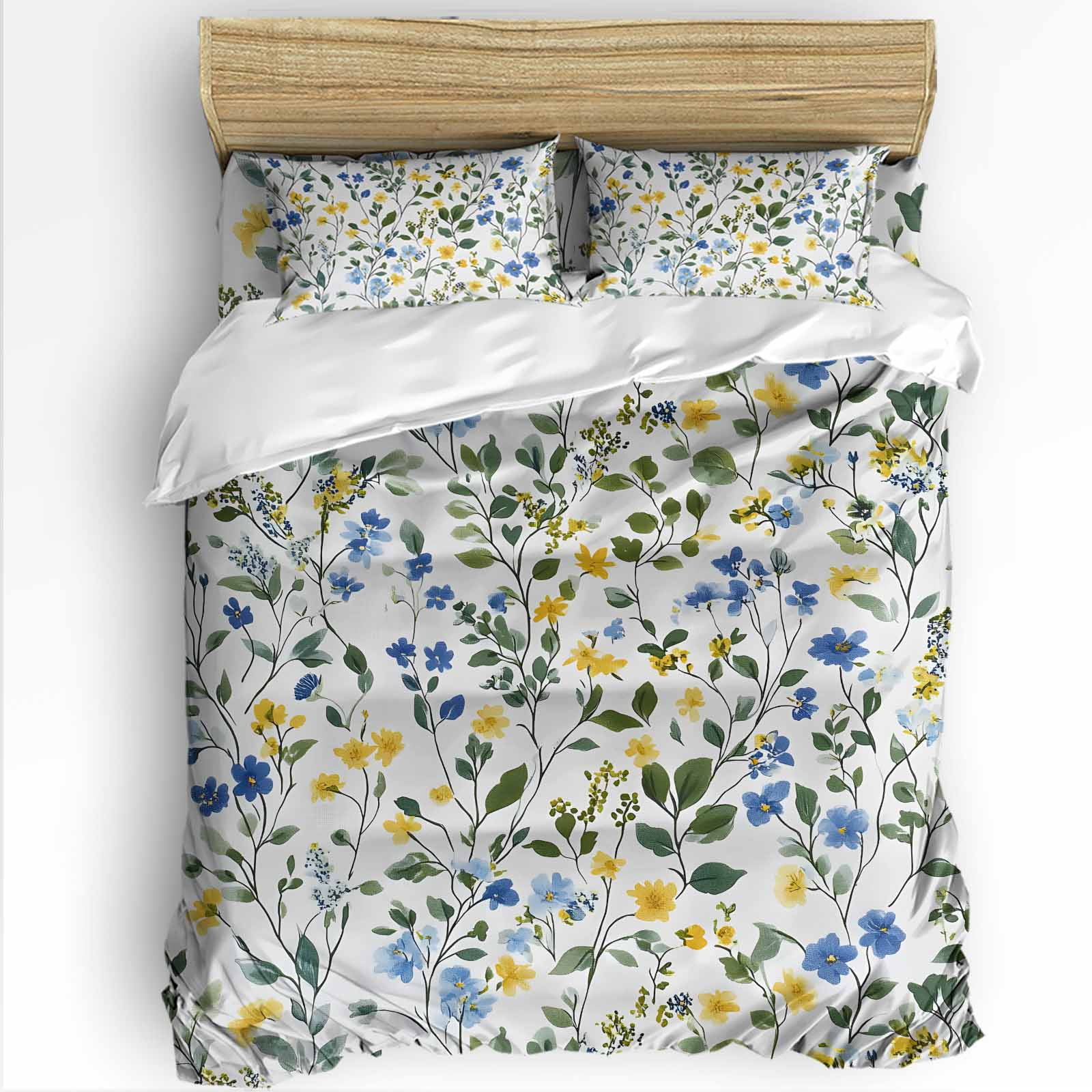 Blue Yellow Flowers King Size Comforter Set, Watercolor Leaf Spring Plant Soft Bedding for All ...