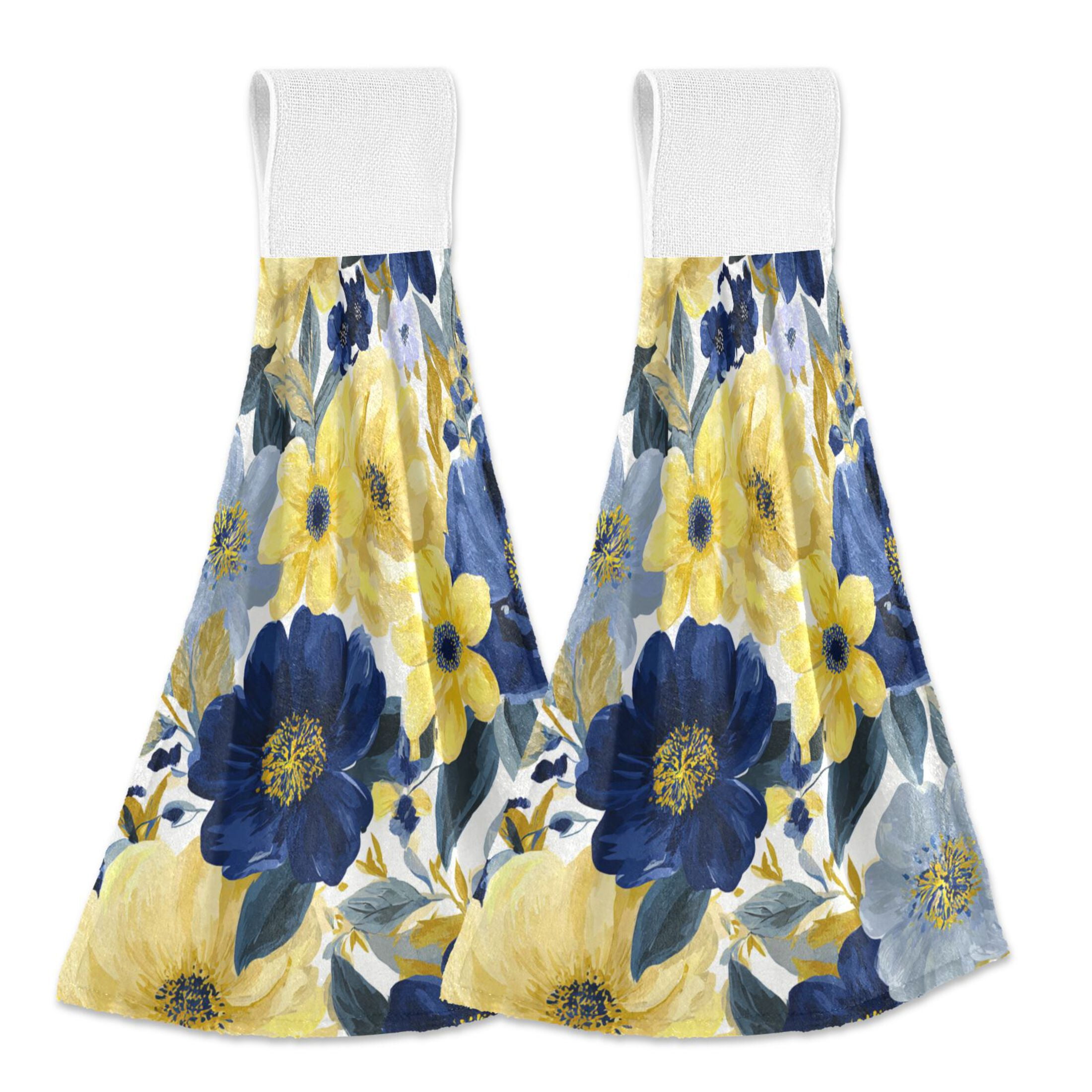 Blue Yellow Flowers Painting Hanging Towels with Loop Hand Towels Nylon ...
