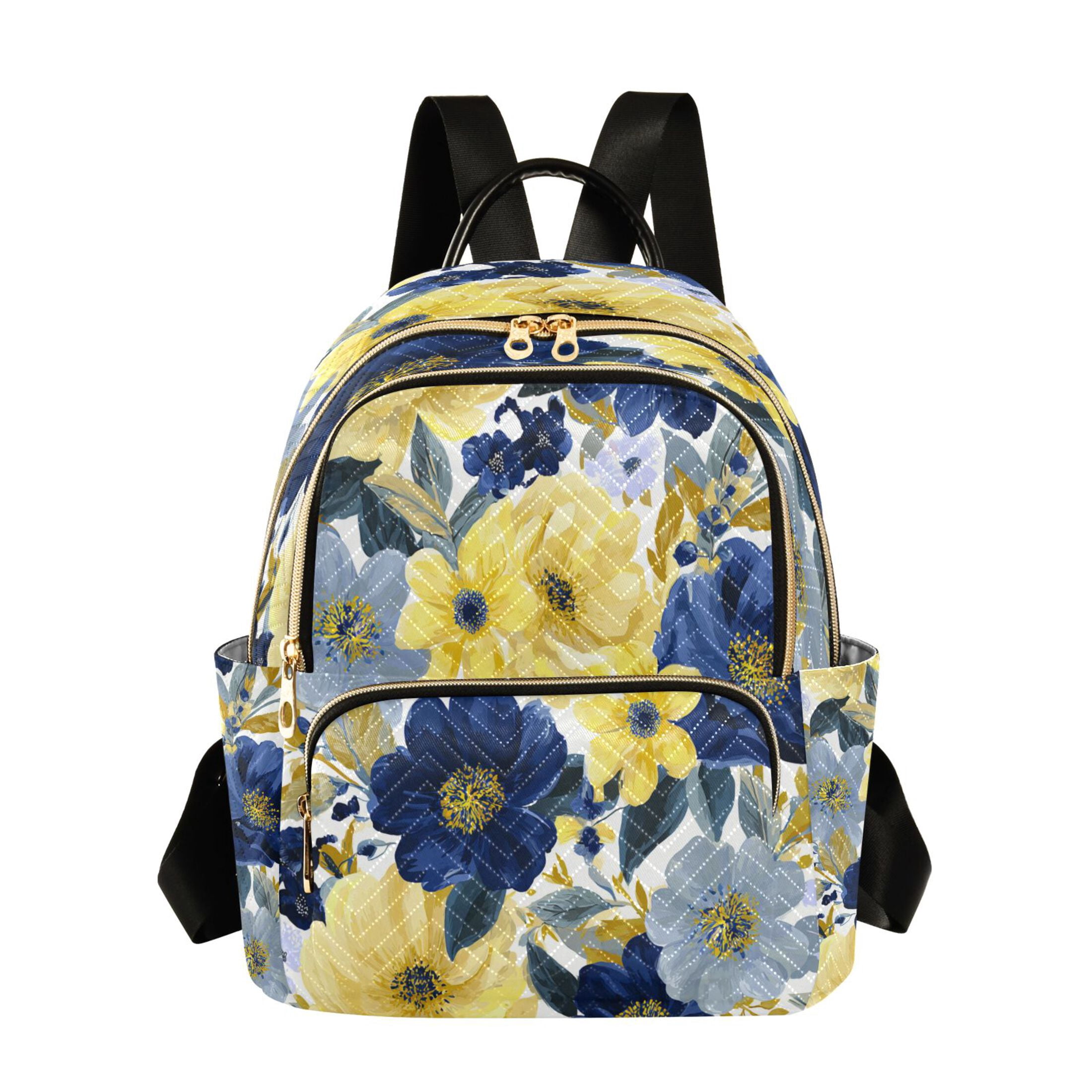 Blue Yellow Flowers Painting Quilted Backpack Fashion Daypack Commuter ...