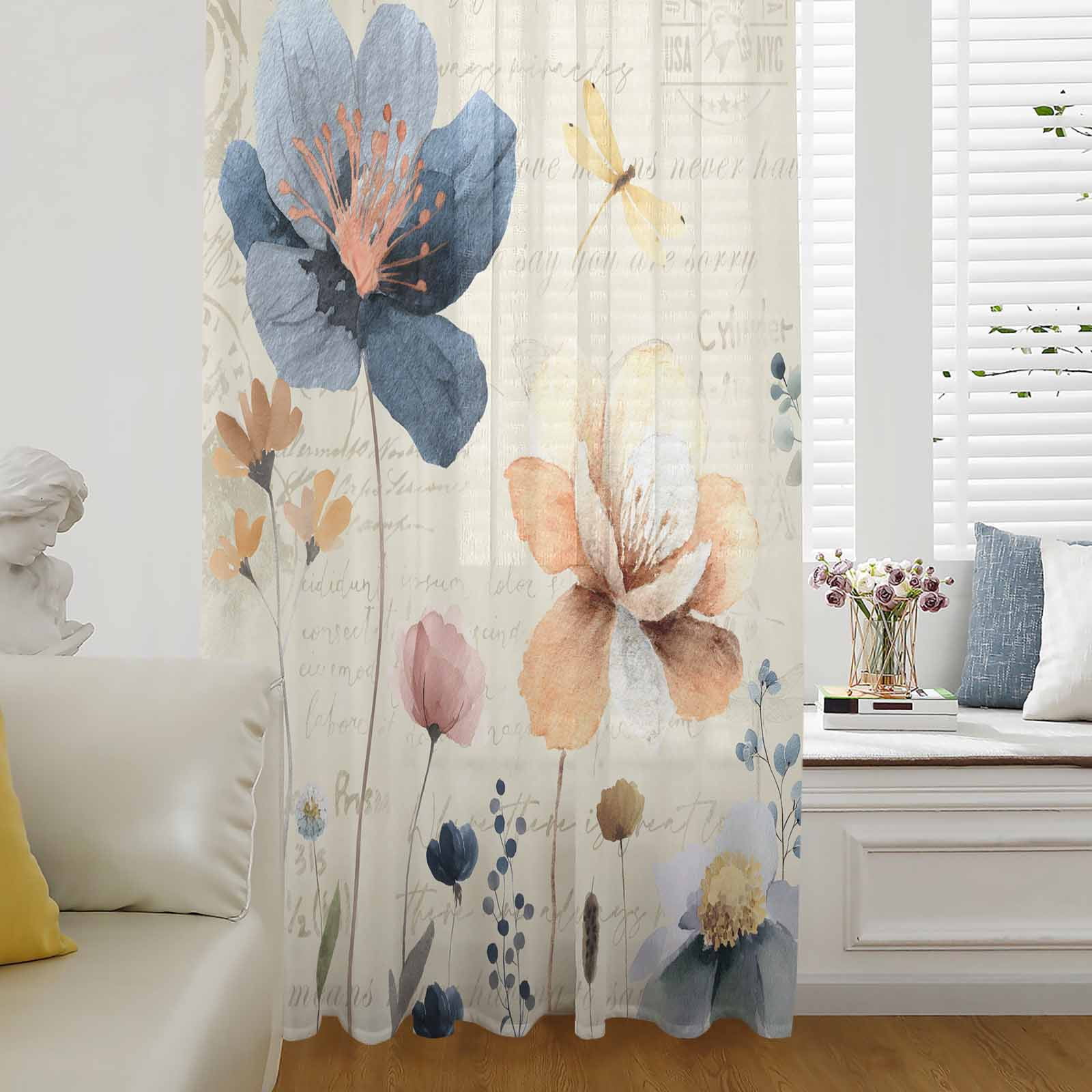 Blue Yellow Flowers Semi Sheer Curtains Drapes for Living Room,Bedroom ...