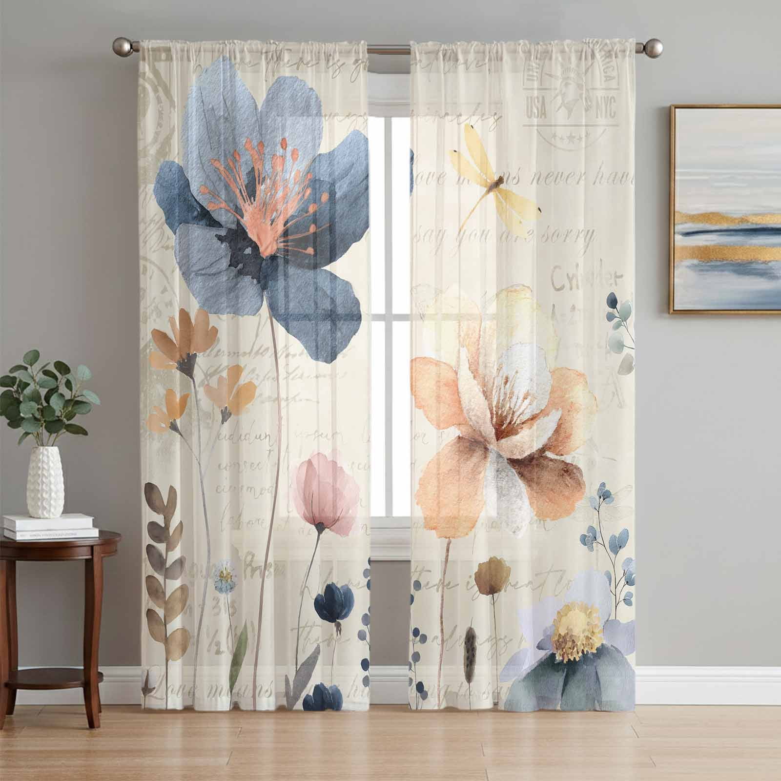 Blue Yellow Flowers Sheer Curtains 72 Inch Length 2 Panels Set, Spring ...
