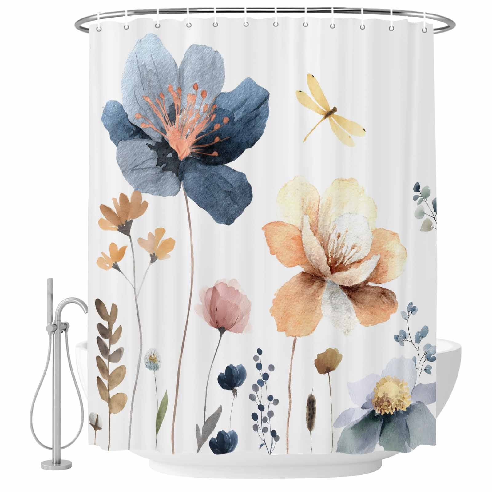 Blue Yellow Flowers Shower Curtain, Waterproof Shower Curtains for ...