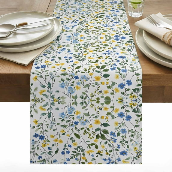 Blue Yellow Flowers Table Runner 13x36 inch Watercolor Leaf Cotton ...