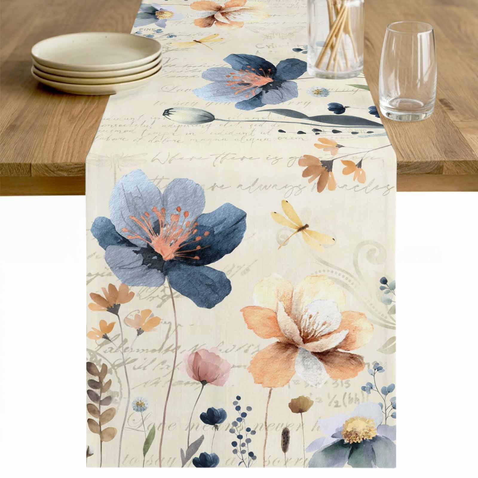 Blue Yellow Flowers Table Runner - 90 Inch Long Spring Summer Garden ...