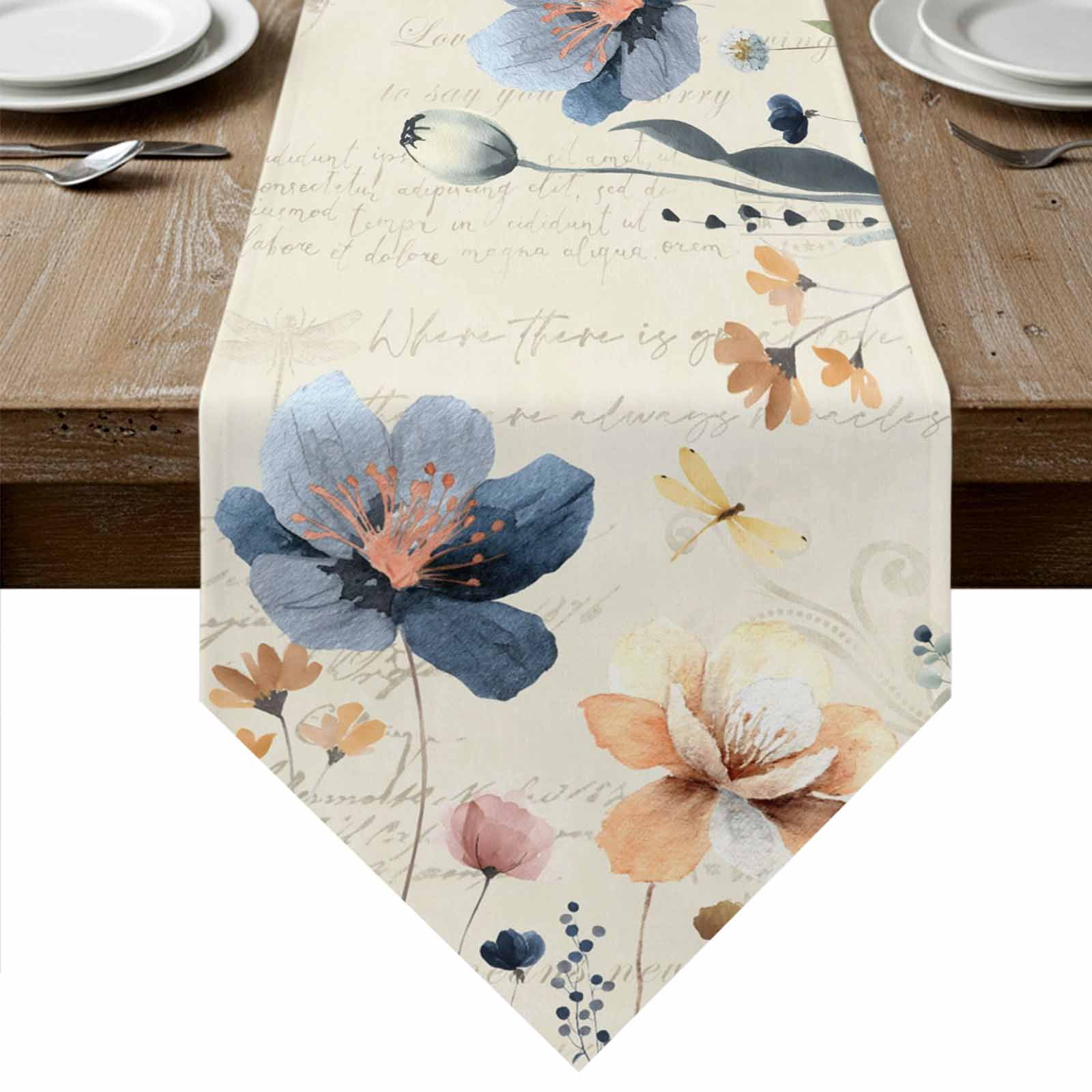 Blue Yellow Flowers Table Runner Linen Burlap Table Runner 108 Inches ...