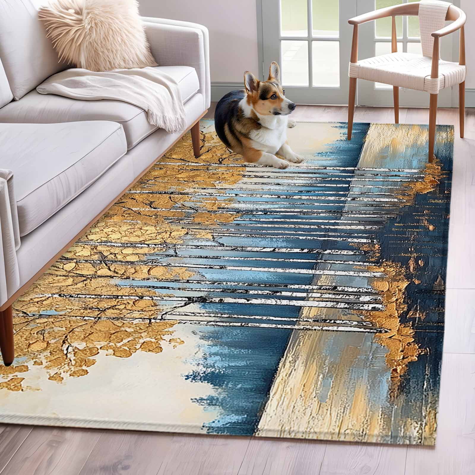 Blue Yellow Forest Area Rug 3x5 Washable Rug Non Slip Modern Oil ...
