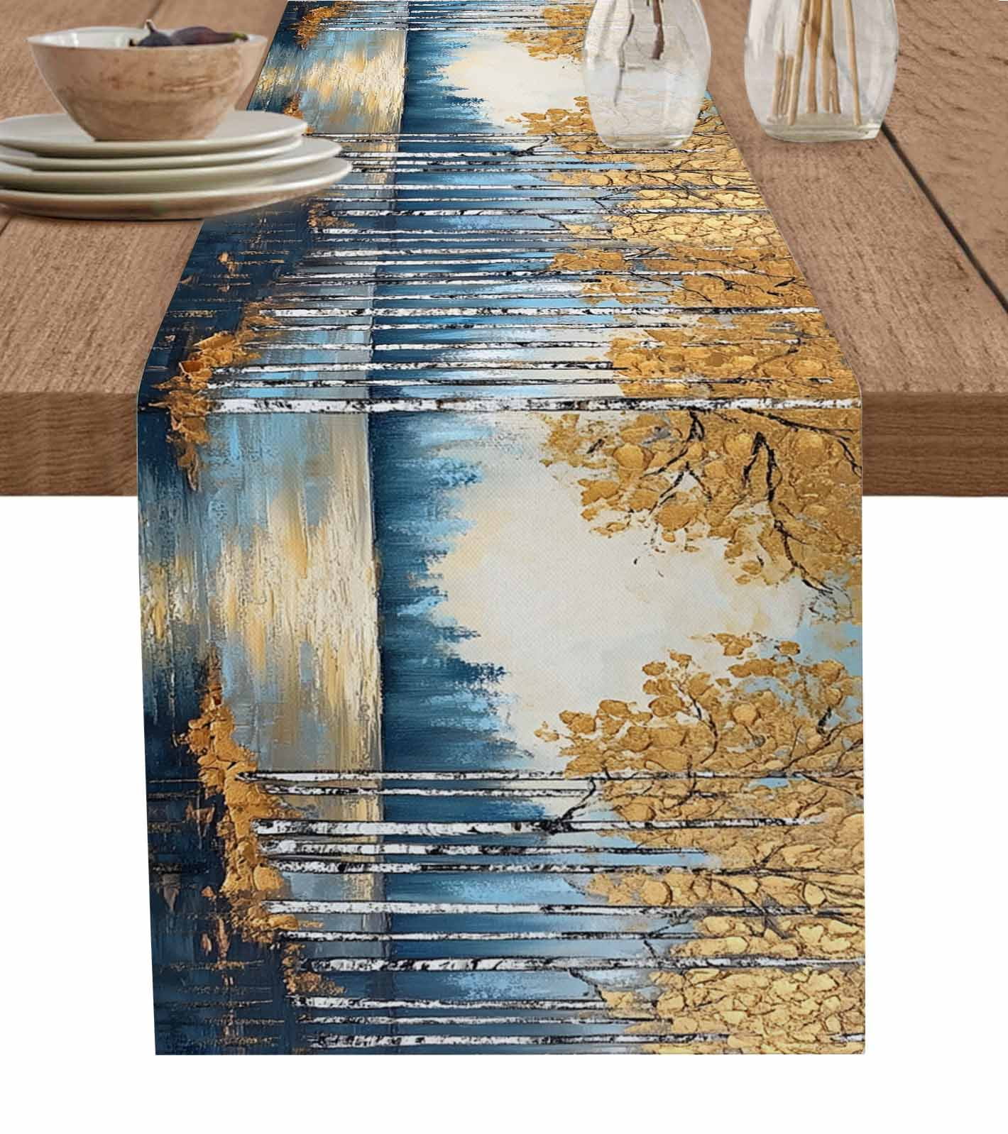 Blue Yellow Forest Burlap Cotton Table Runner 13x48 Inches Long, Modern ...