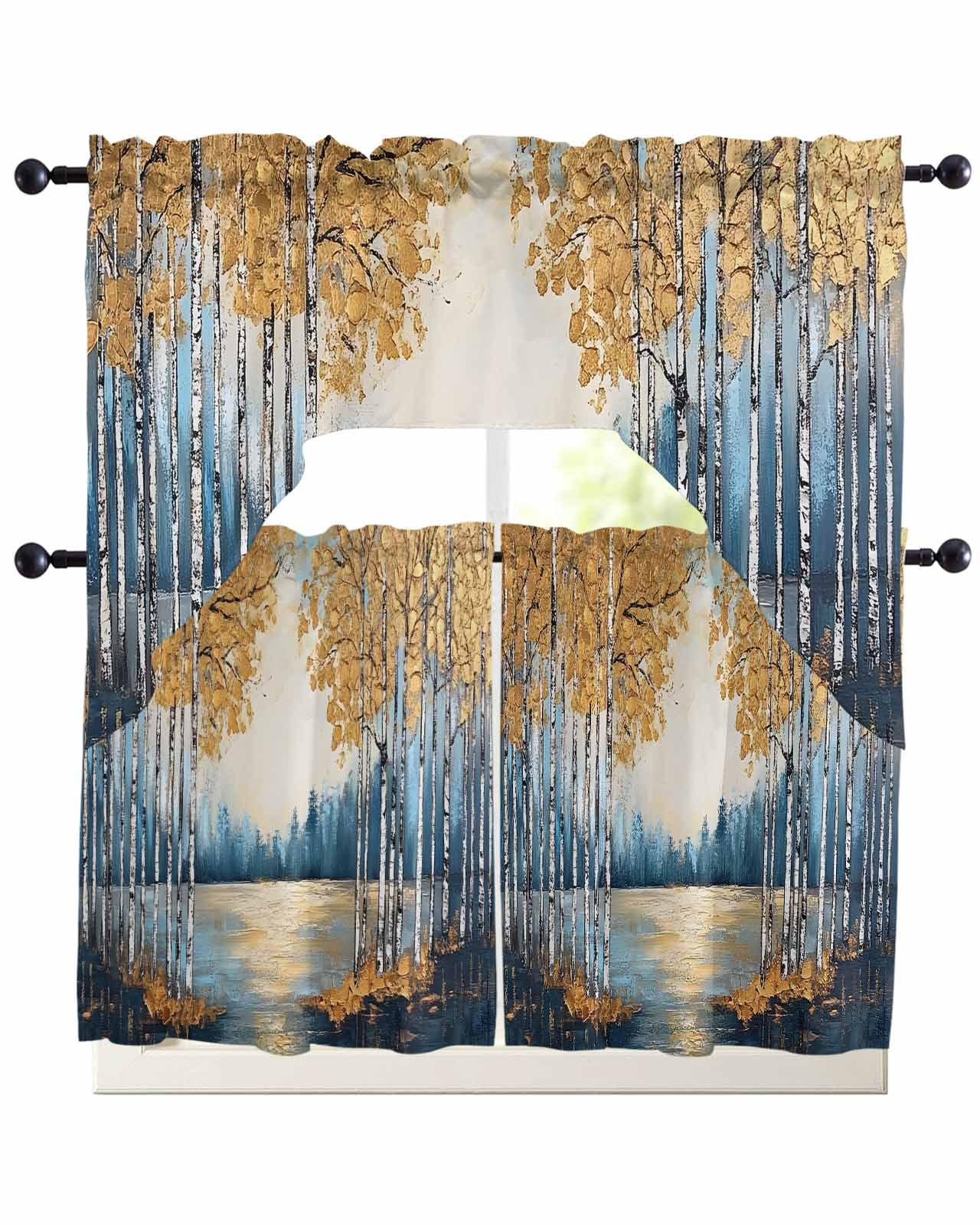 Blue Yellow Forest Kitchen Curtains Sets 36 Inch Length with Valance ...