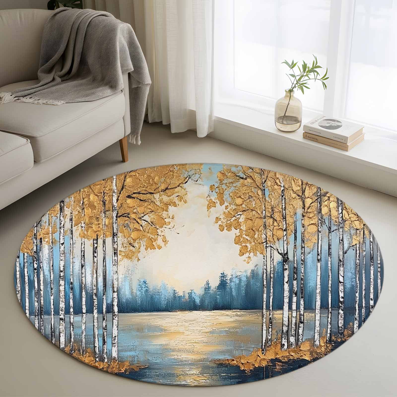 Blue Yellow Forest Round Rug 3.3ft Washable Circle Entryway Rugs Non ...