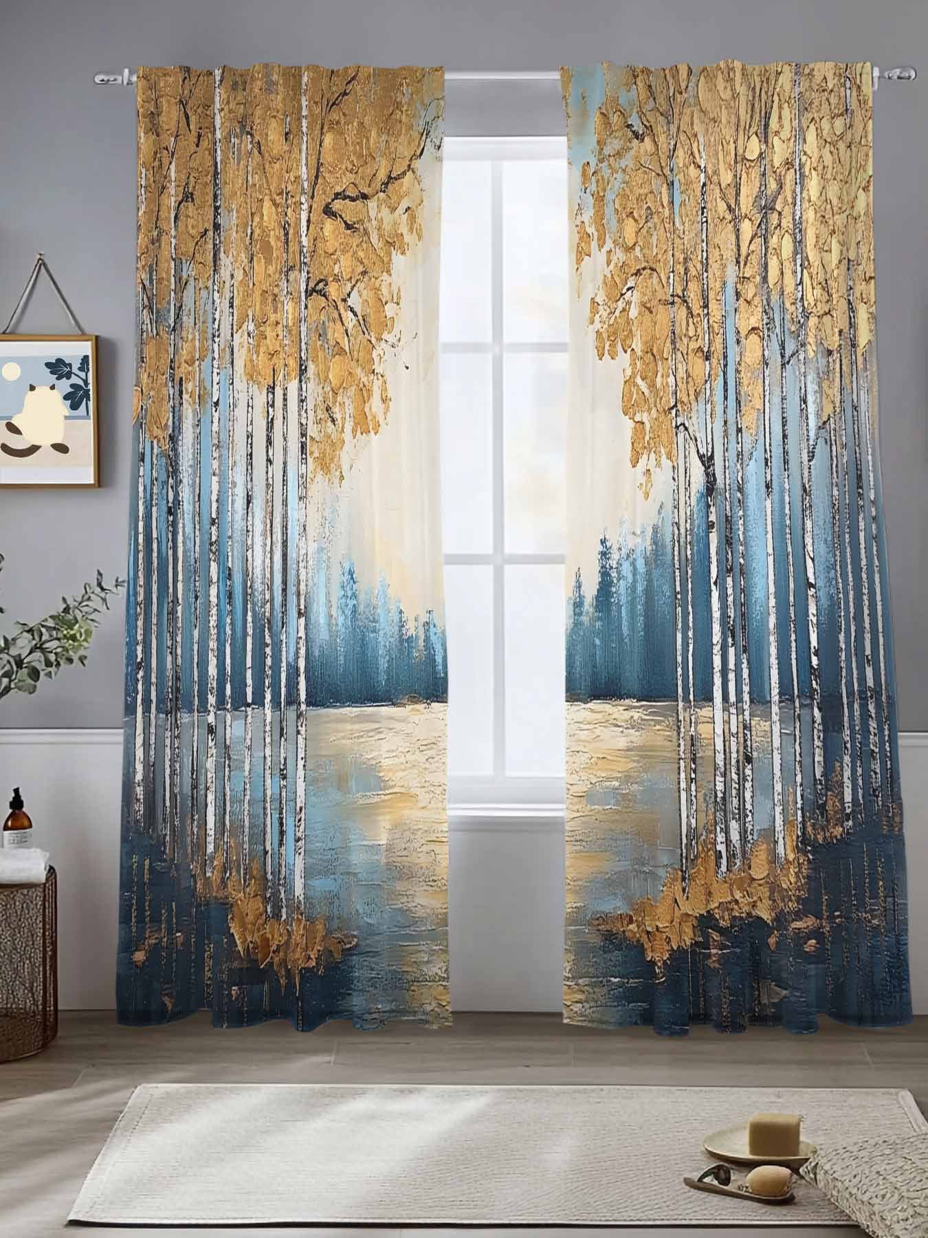 Blue Yellow Forest Sheer Curtains for Living Room Bedroom Modern Oil ...