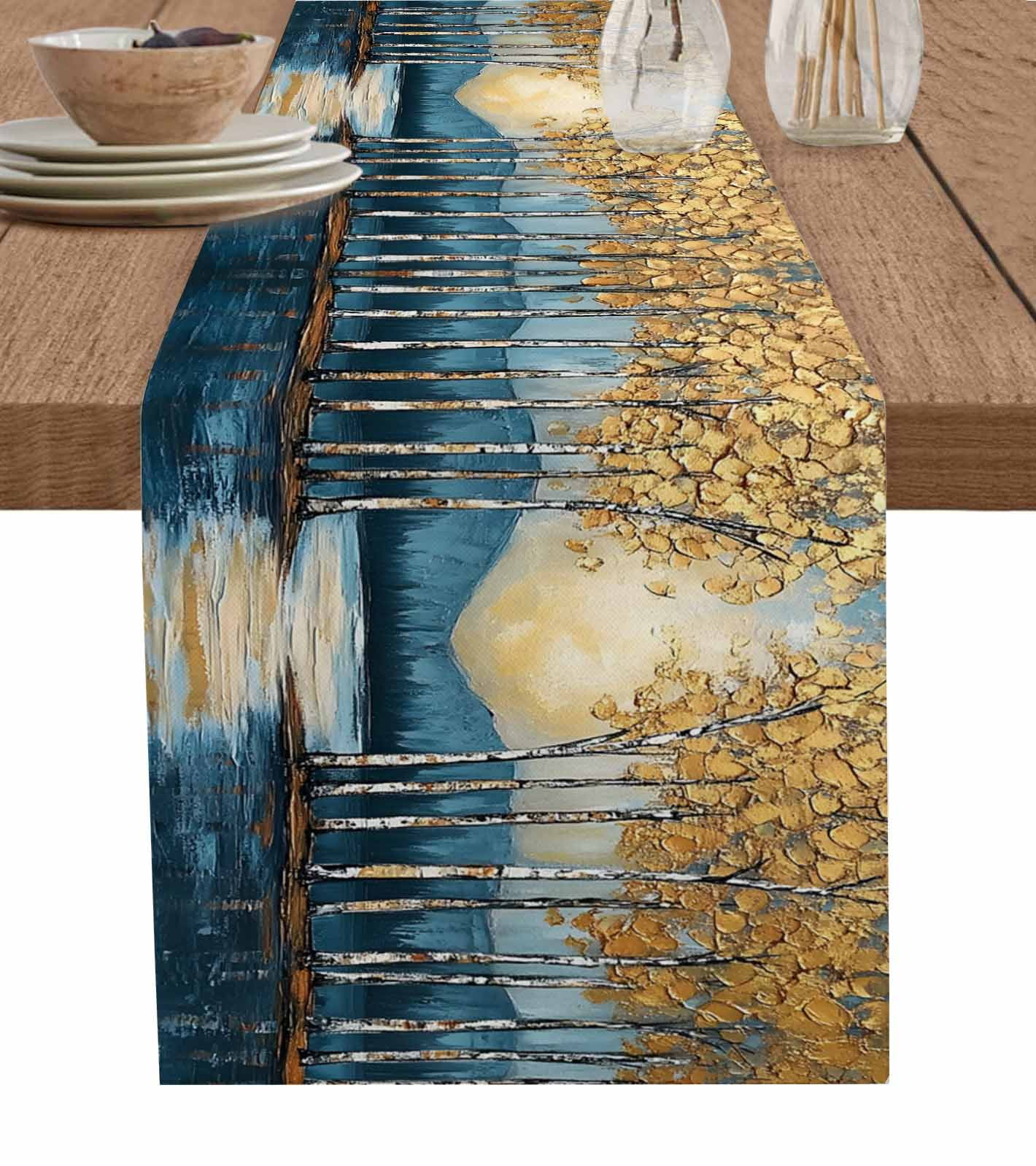 Blue Yellow Forest Table Runner 72 Inches, Modern Oil Painted ...