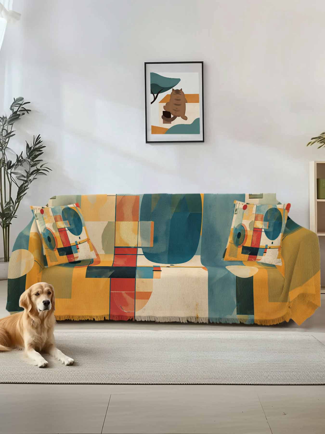 Blue Yellow Geometric Couch Cover, Vintage Oil Painting Abstract Art ...