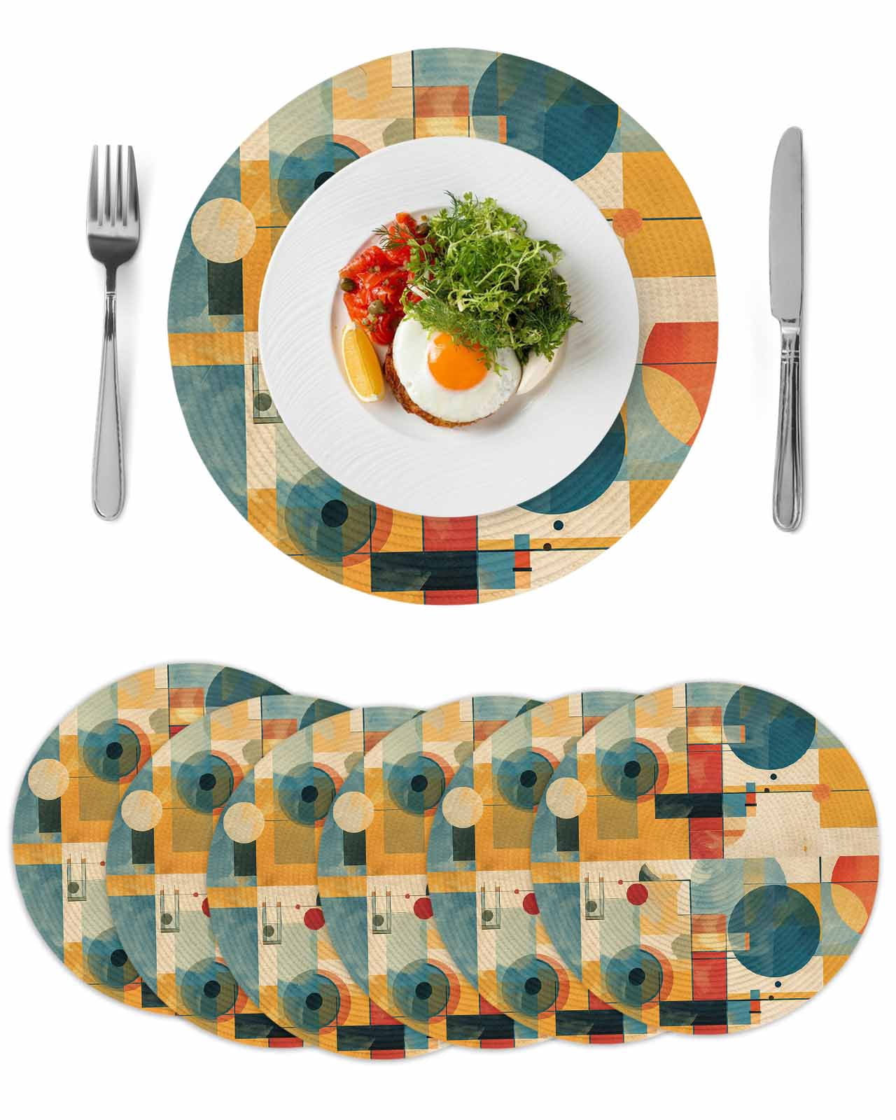 Blue Yellow Geometric Round 13 Inch Placemats Set of 6, Vintage Oil ...