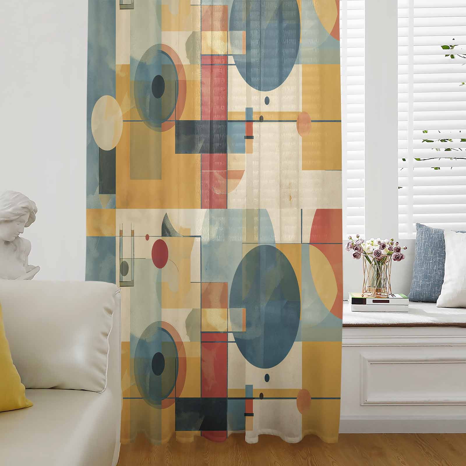 Blue Yellow Geometric Semi Sheer Curtains Drapes for Living Room ...