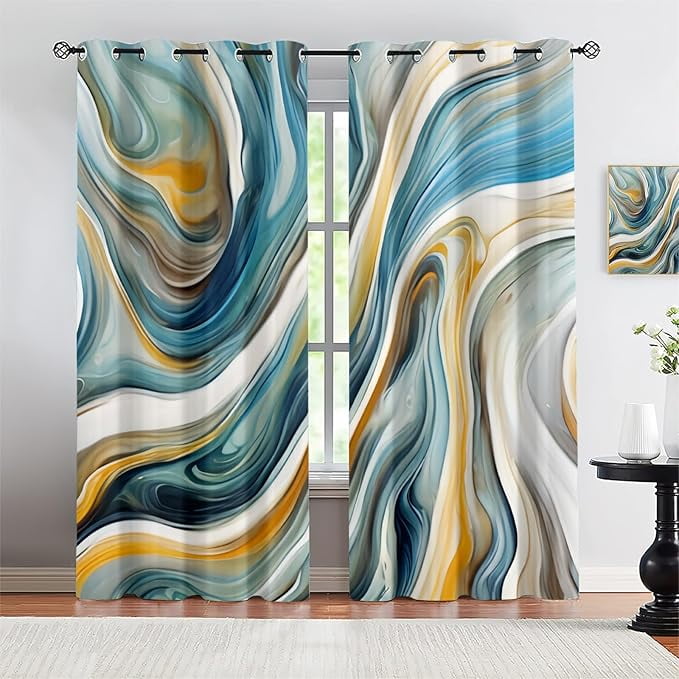 Blue Yellow Green Abstract Texture Blackout Curtains, Watercolor Marble ...