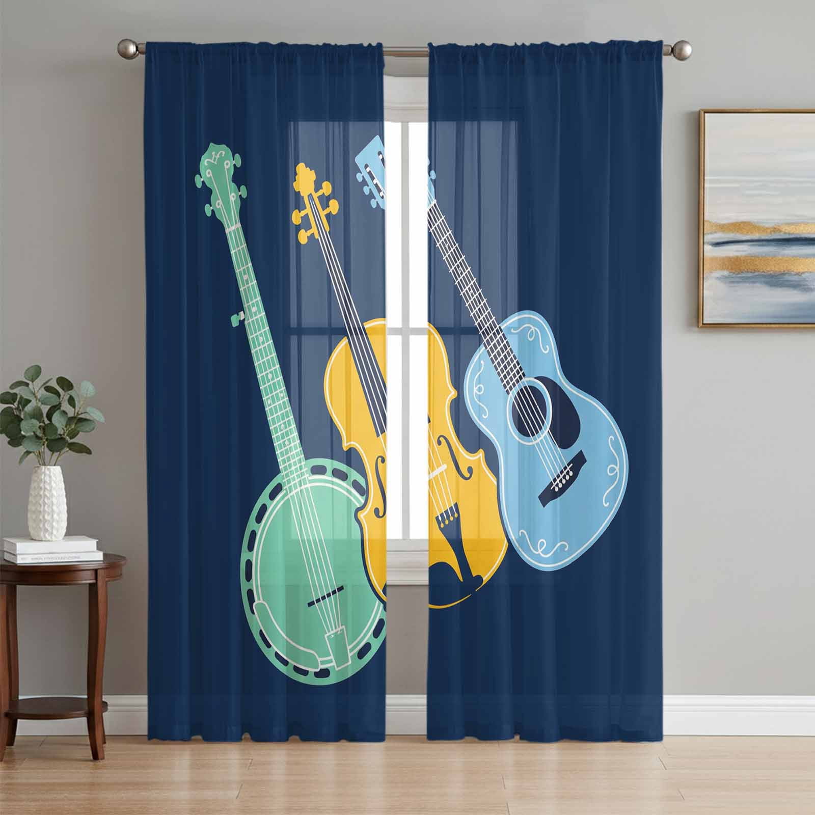 Blue Yellow Green Guitars Sheer Curtains for Living Room Bedroom ...