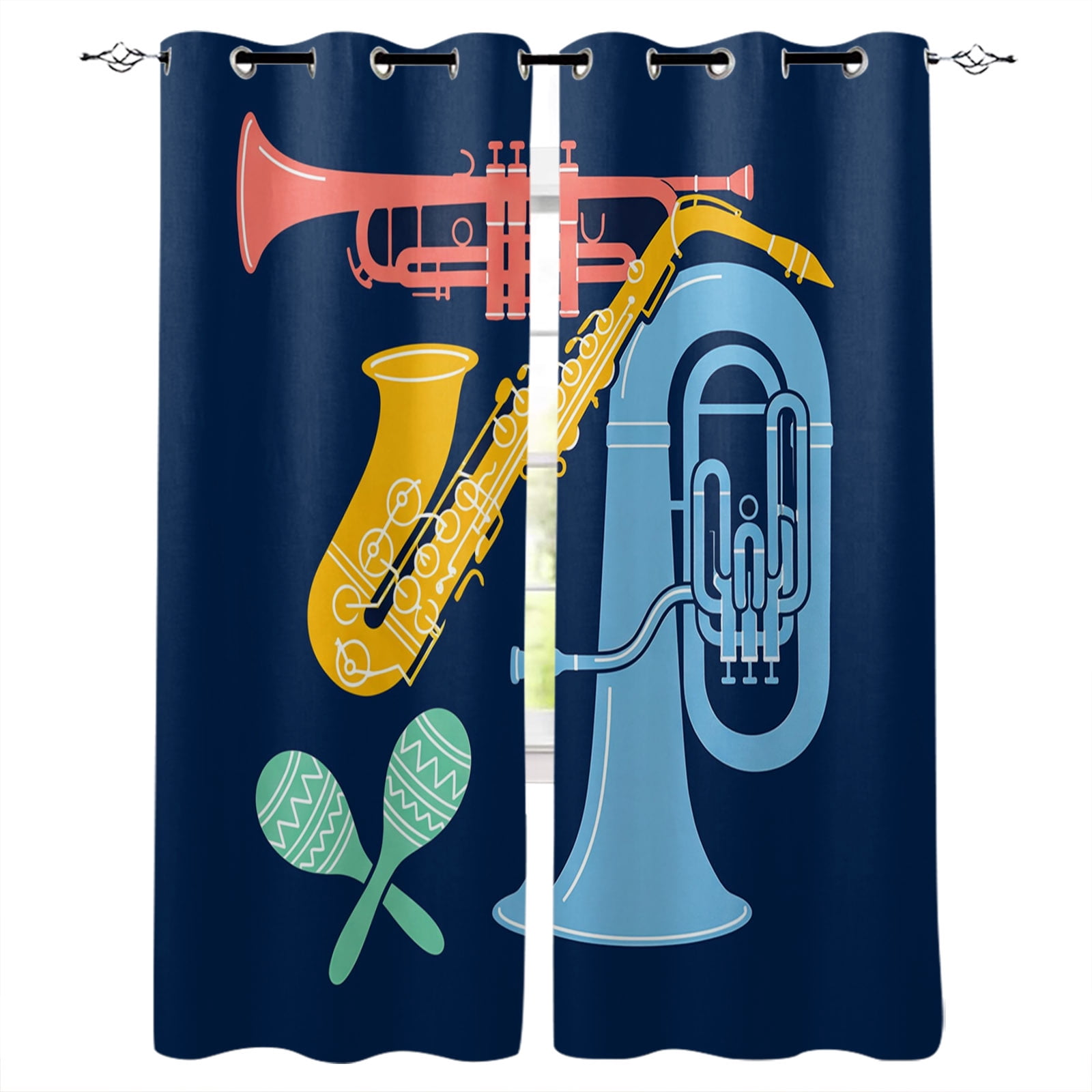 Blue Yellow Green Saxophones Kitchen Curtains Colorful Instrumentation ...
