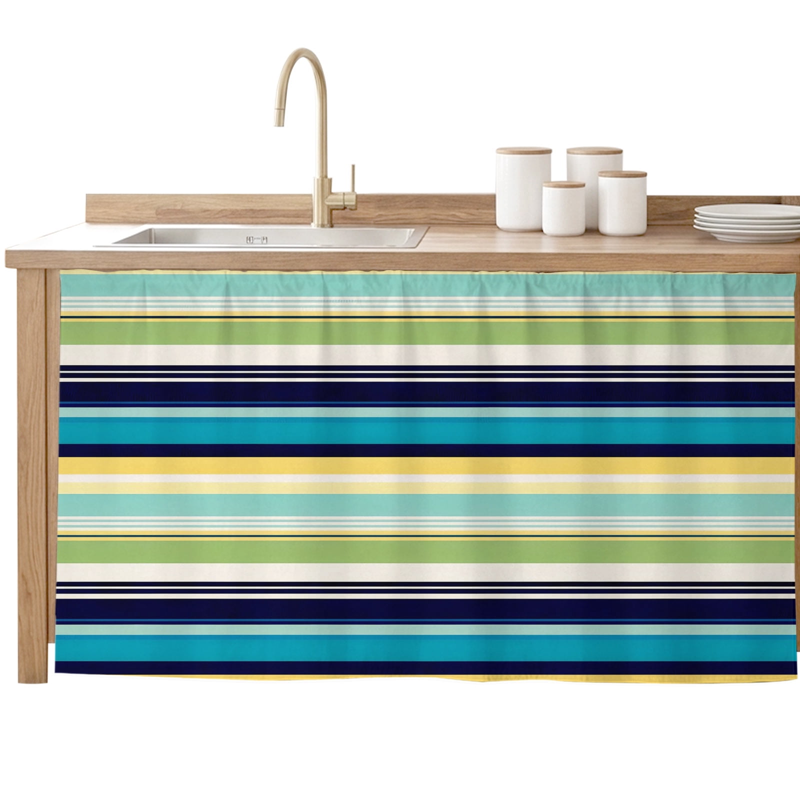 Blue Yellow Green Striped Cabinet Curtains 32"W x 55"L,Dustproof Sink ...