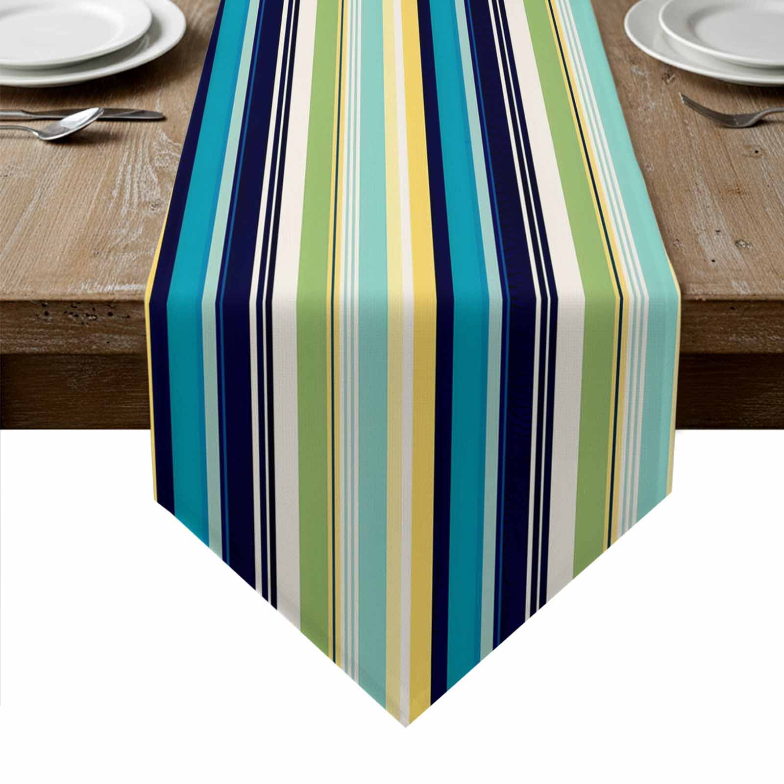Blue Yellow Green Striped Table Runner Linen Burlap Table Runner 60 ...