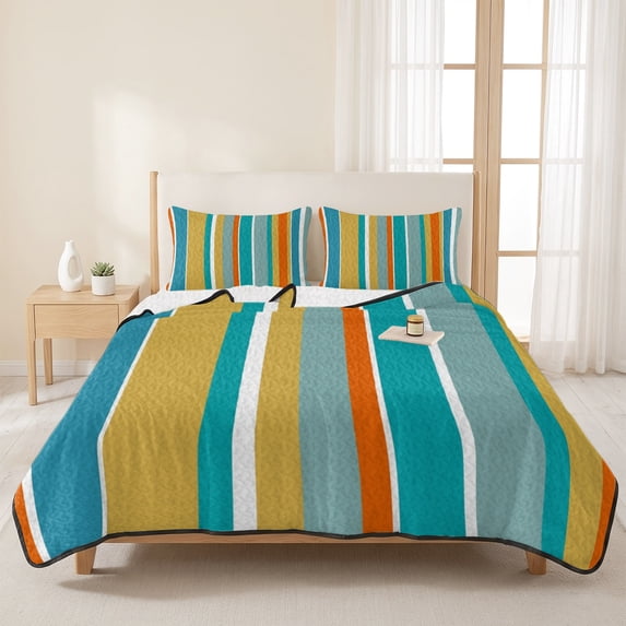 Blue Yellow Green Stripes 3 Pieces Quilt Set,1 Quilt with 2 Shams ...