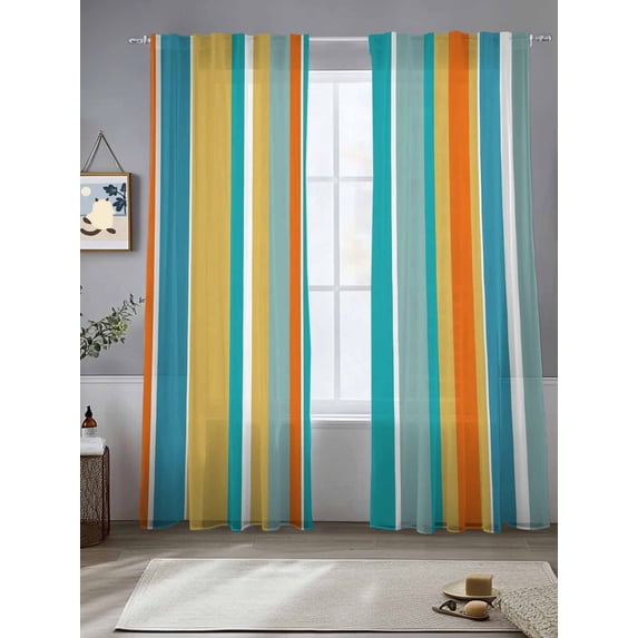 Blue Yellow Green Stripes Chiffon Sheer Curtains 84 Inches Long ...