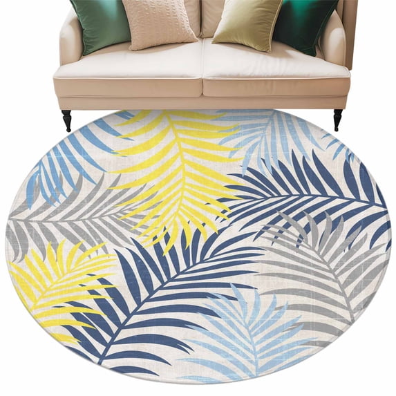 Blue Yellow Grey Palm Leaves Round Rug 8ft Washable Circle Rugs Non ...