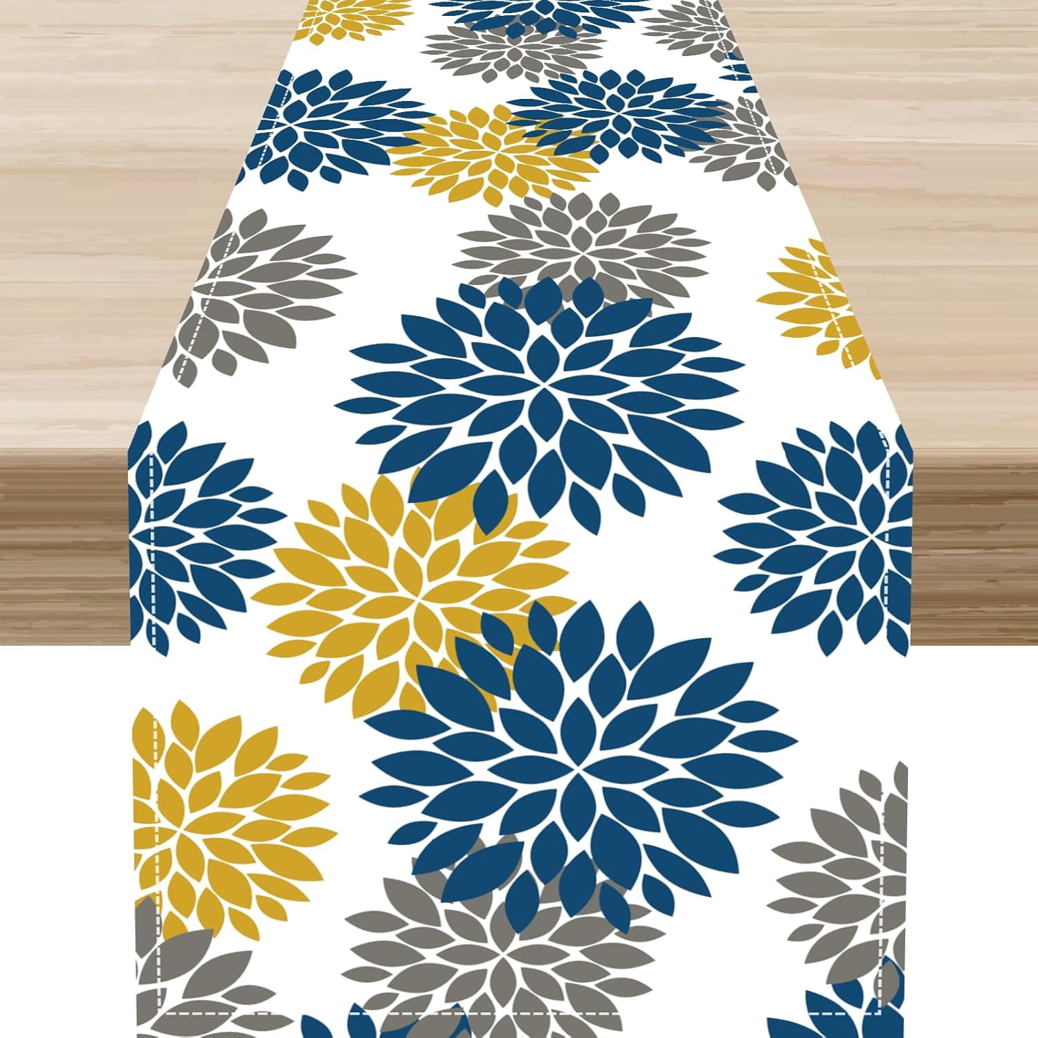 Blue Yellow Grey Table Runner, Geometric Floral Dahlia Vibrant Boho ...