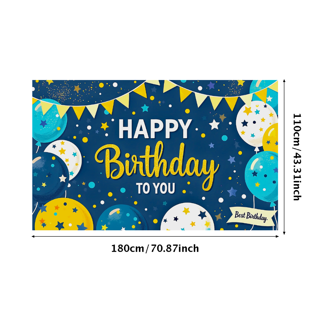 Blue and Yellow Happy Birthday Banner with Balloons Star Elements and ...