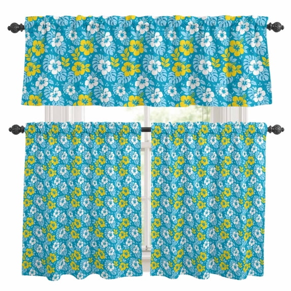 Blue Yellow Hibiscus Flowers Kitchen Curtains Valances 3 Piece Set ...