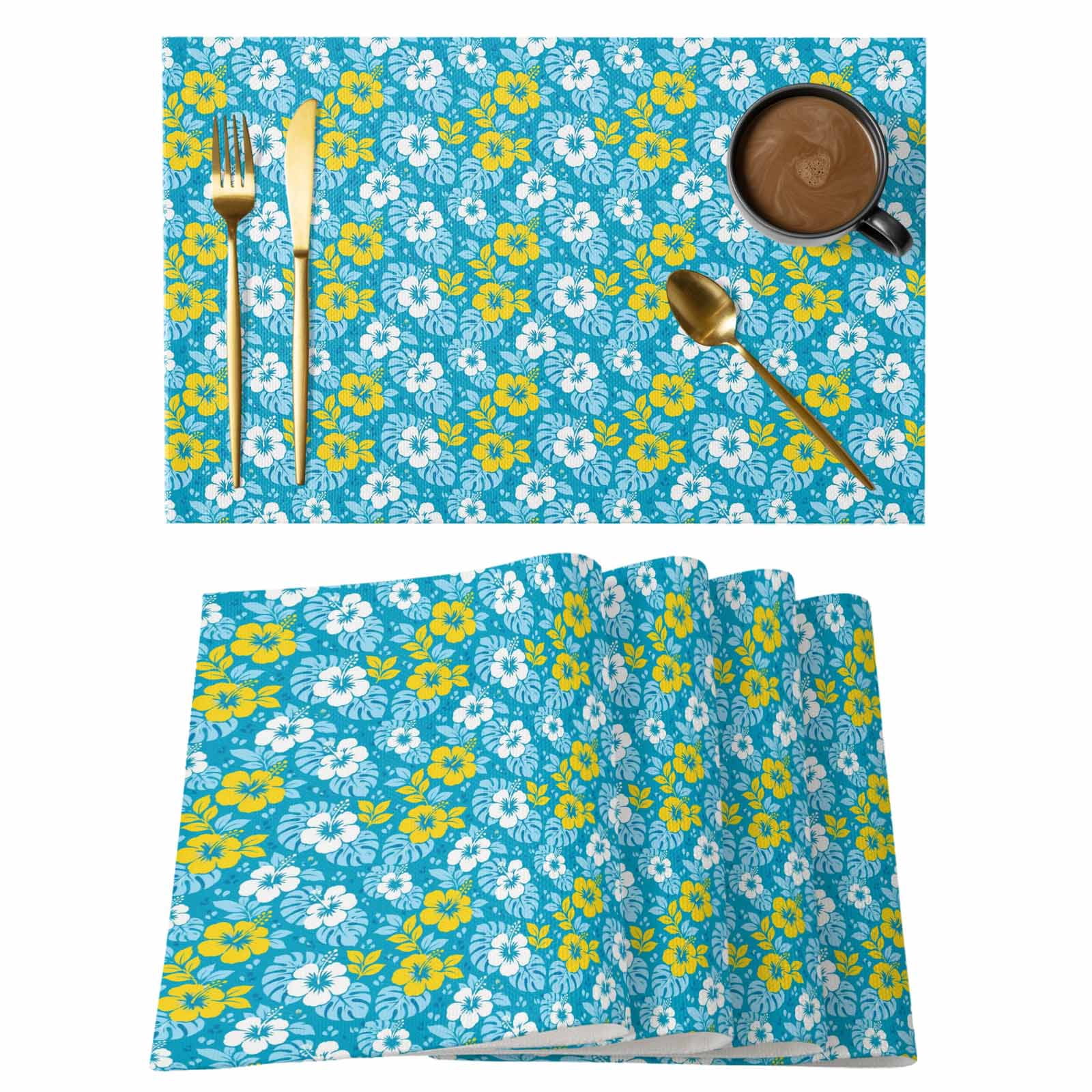 Blue Yellow Hibiscus Flowers Placemats Set of 4, Summer Tropical ...