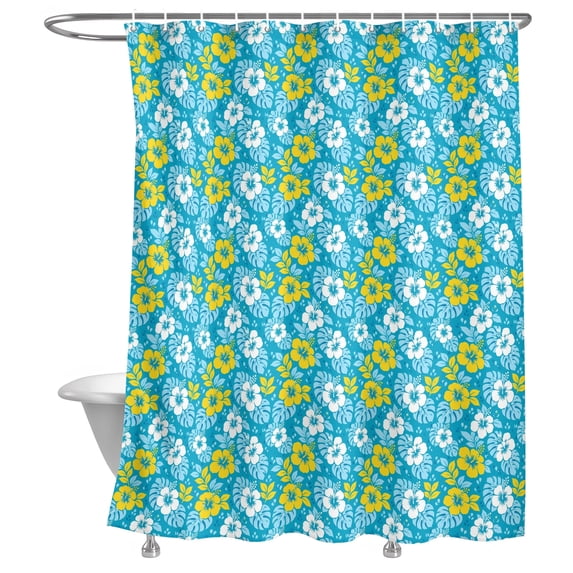 Blue Yellow Hibiscus Flowers Shower Curtain, Summer Tropical Monstera ...