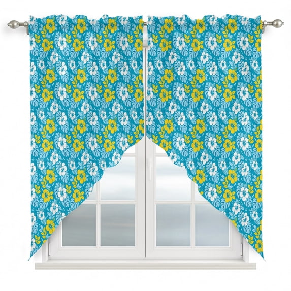 Blue Yellow Hibiscus Flowers Swag Curtain Valance for Windows, Summer ...