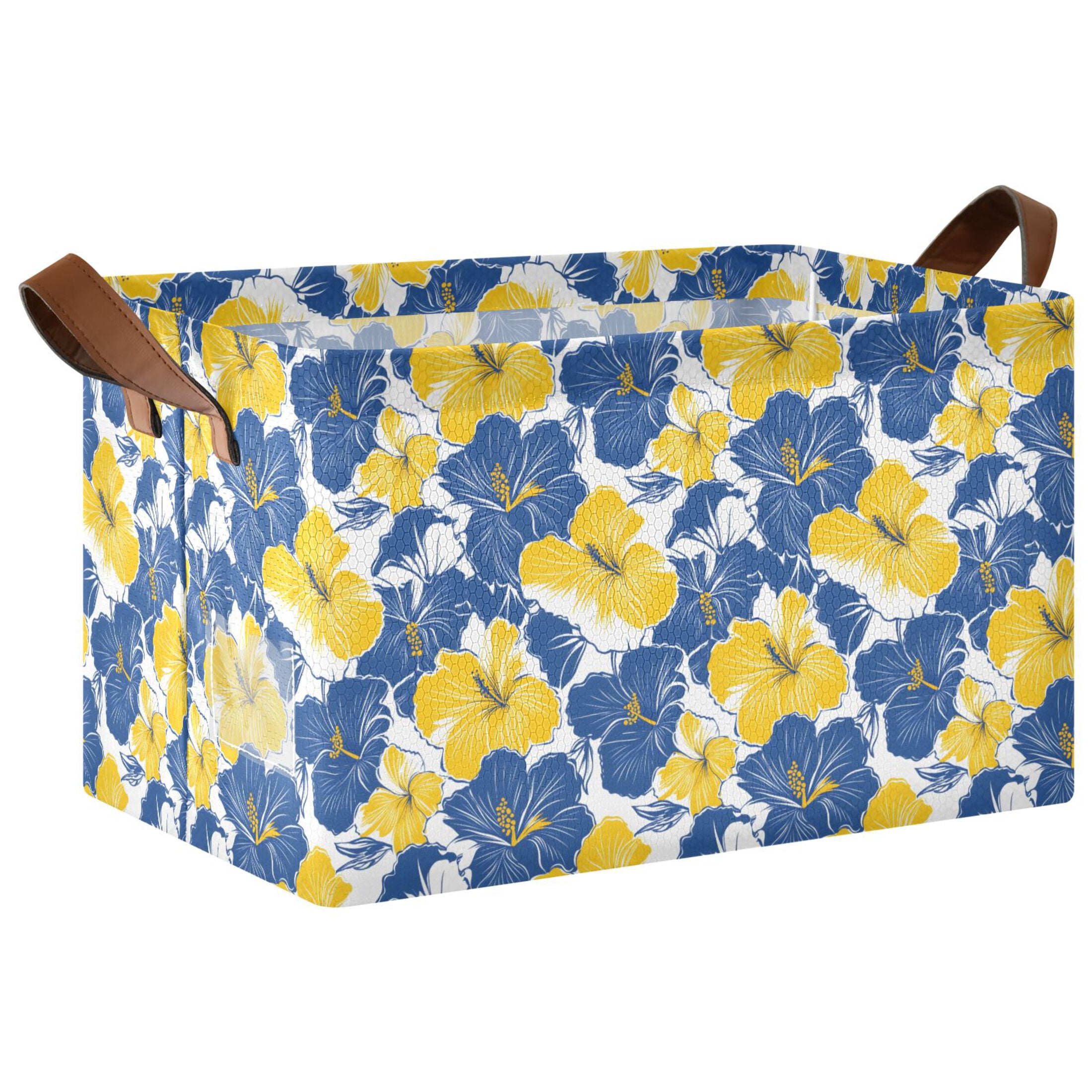 Blue Yellow Hibiscus Pattern Collapsible Storage Bin Open Home Shelf ...