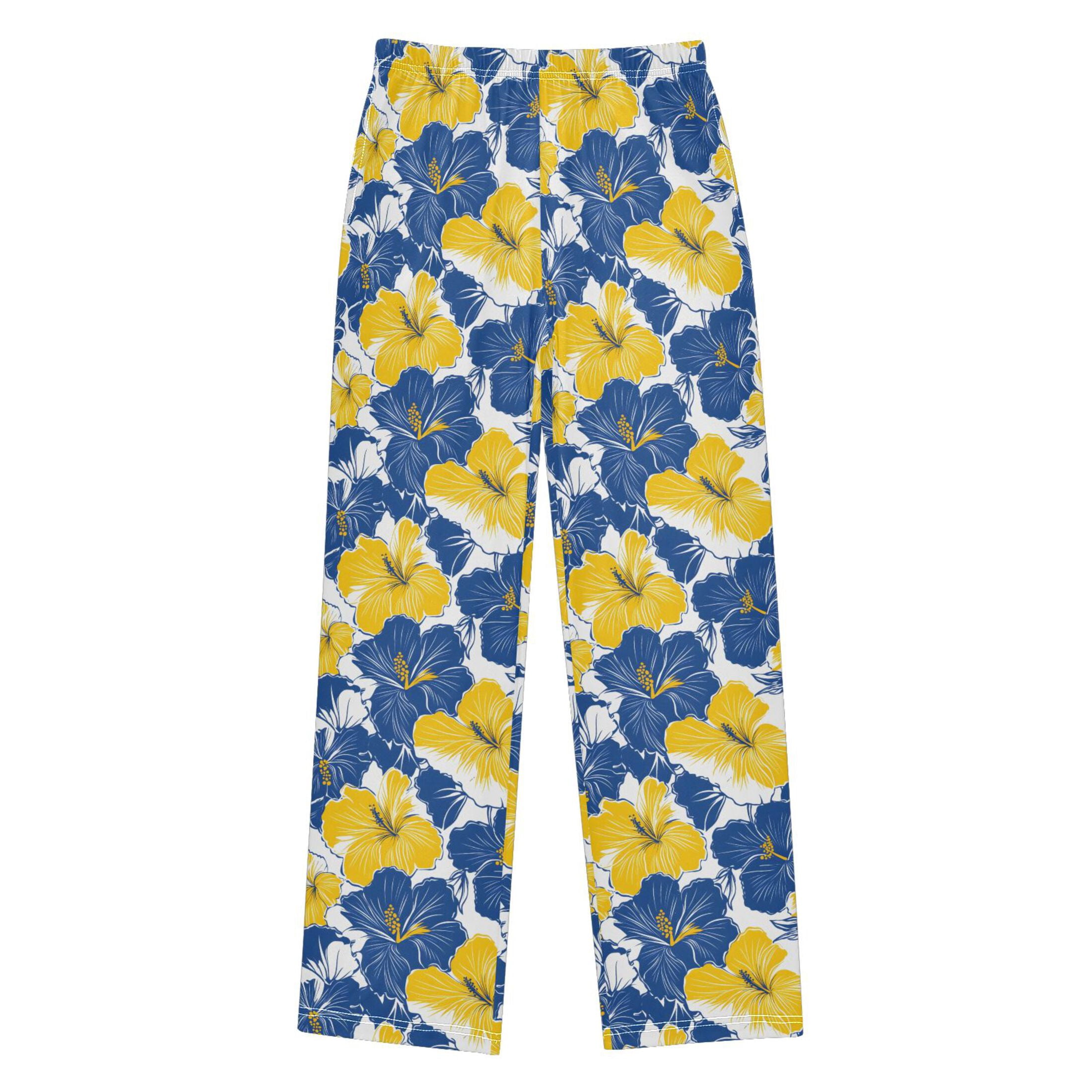 Blue Yellow Hibiscus Pattern Pajama Pants Soft Lightweight Lounge Pants ...