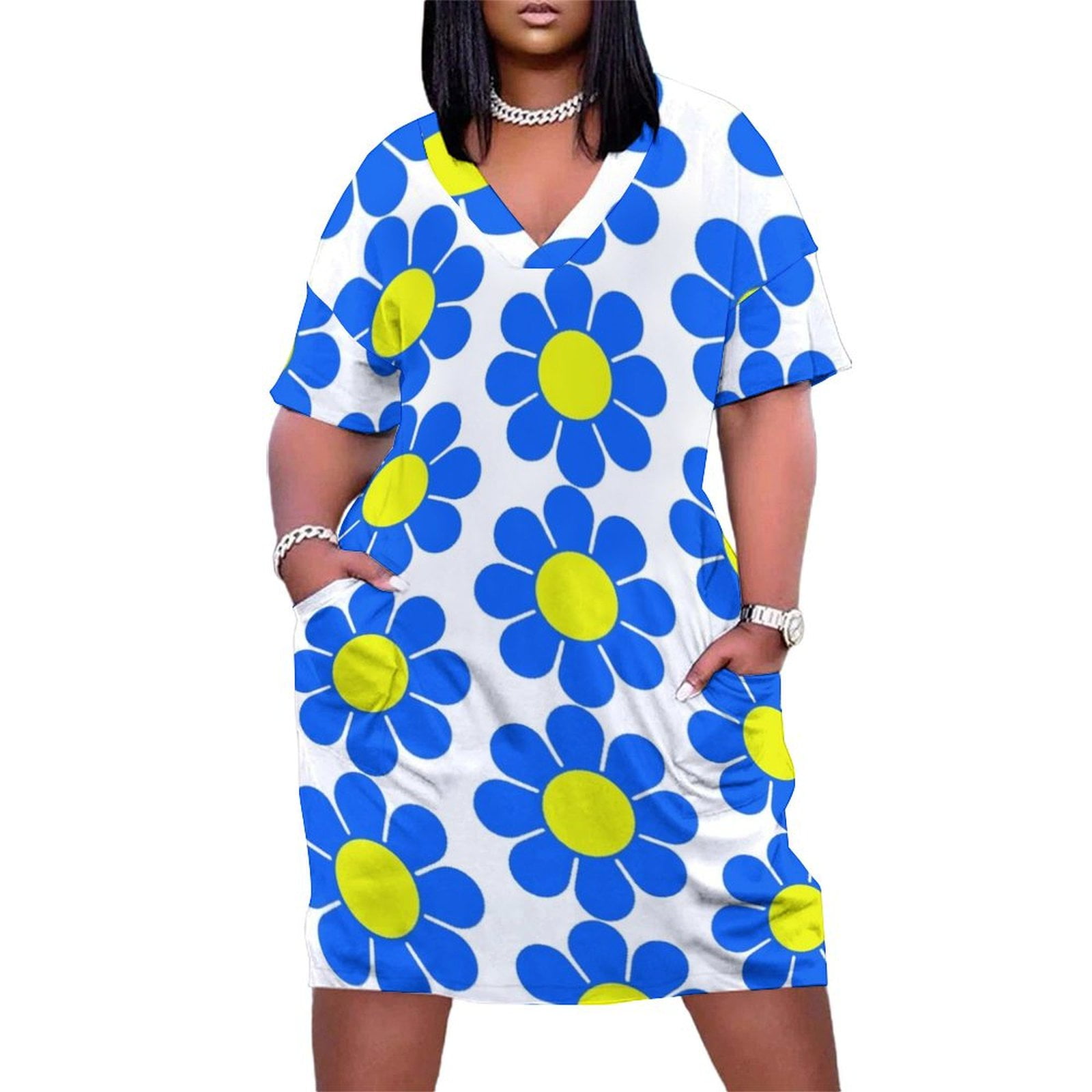 Blue Yellow Hippy Flower Daisy Loose Pocket Dress Womens dresses luxury evening dress woman for ...