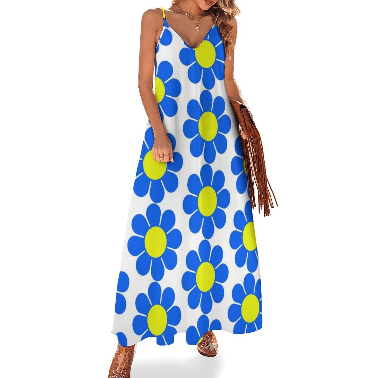 Blue Yellow Hippy Flower Daisy Sleeveless Dress dresses for woman ...