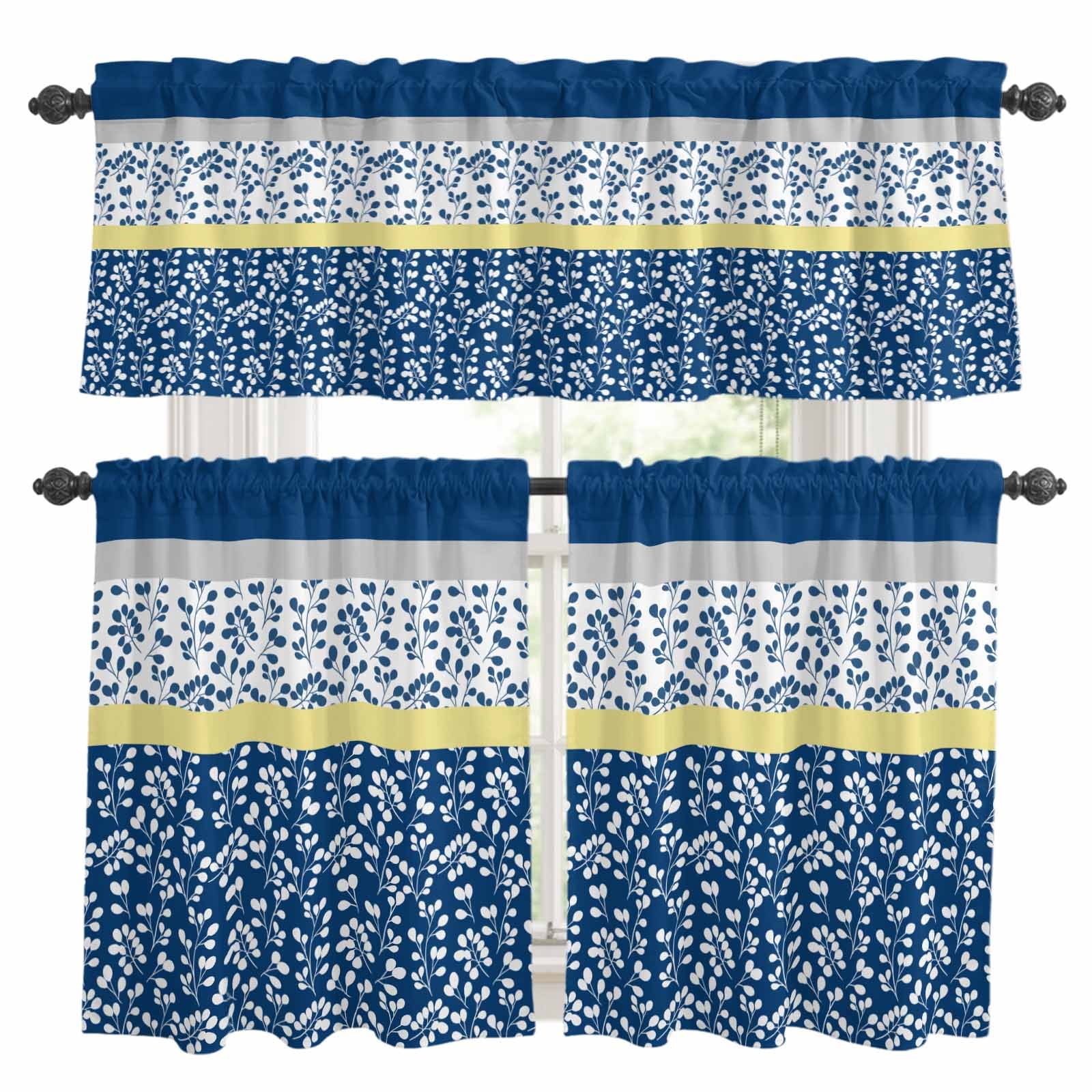 Blue Yellow Kitchen Curtains,Kitchen Curtains and Valances Set of 3 ...