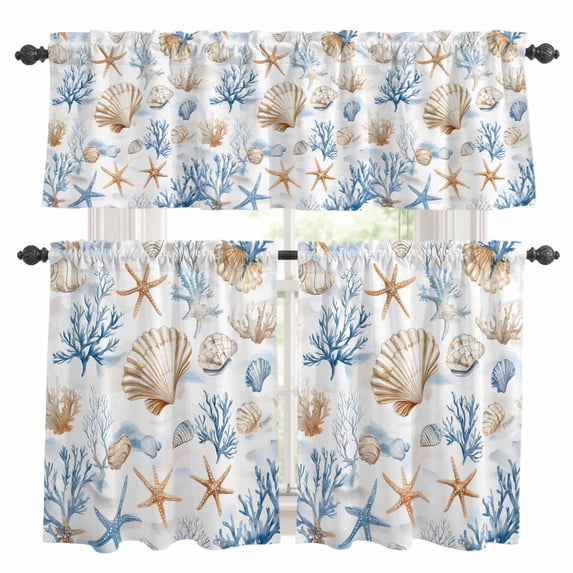 Blue Yellow Kitchen Curtains Set for Windows, Ocean Coral Shell ...