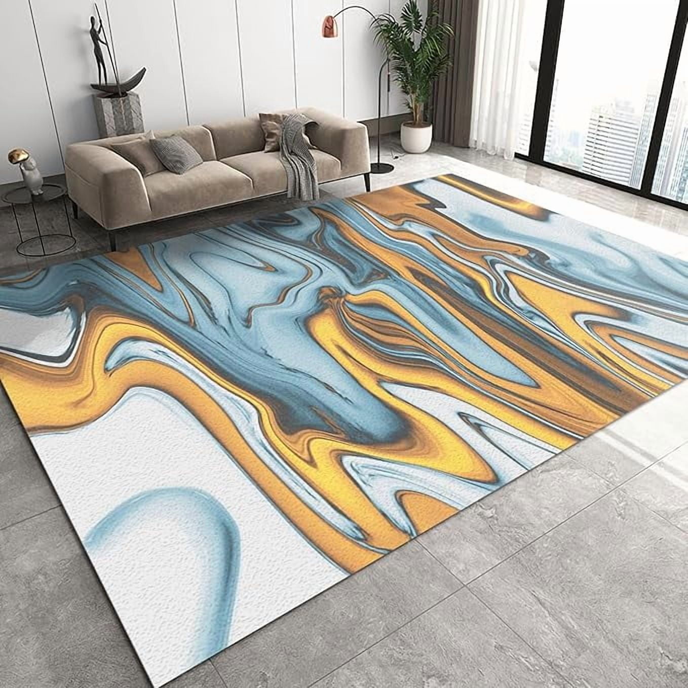 Blue And Yellow Large Area Rug, Ink Water Ripples Runner Rugs, Non-Slip ...