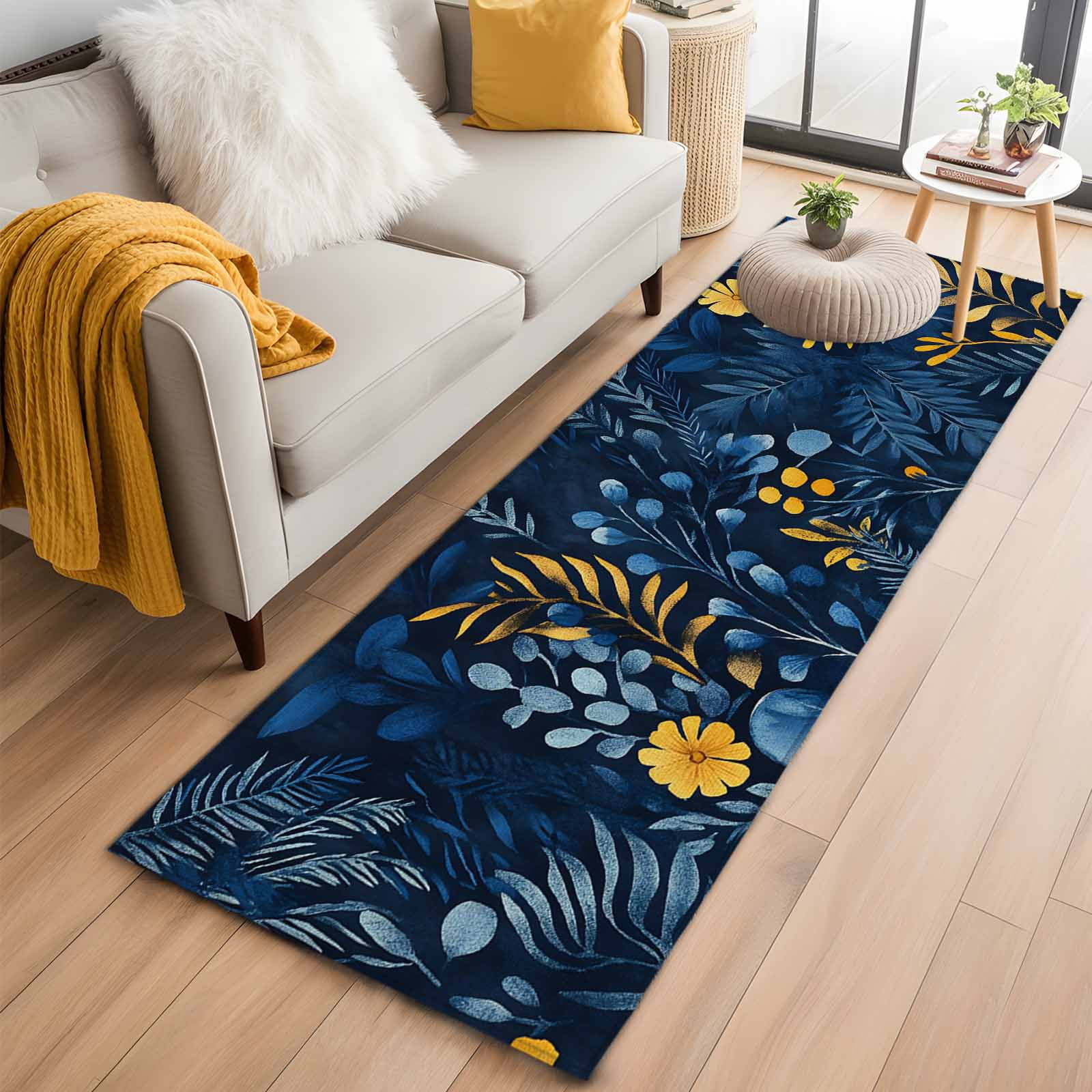 Blue Yellow Leaves Kitchen Runner Rug 2x6 Washable Runners for Hallway ...