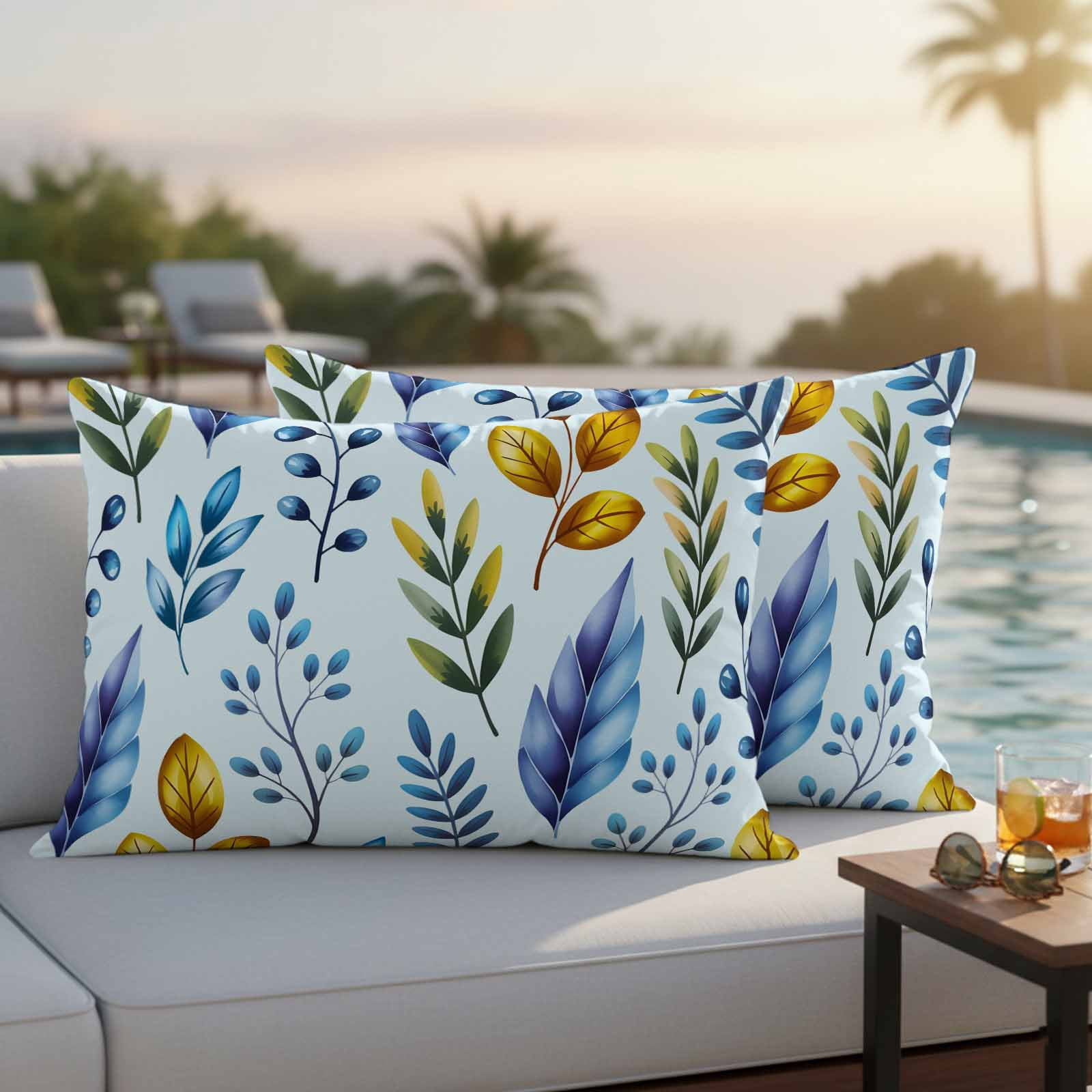 Blue Yellow Leaves Outdoor Pillow Covers 20x12 Inch Lumbar Pillow ...