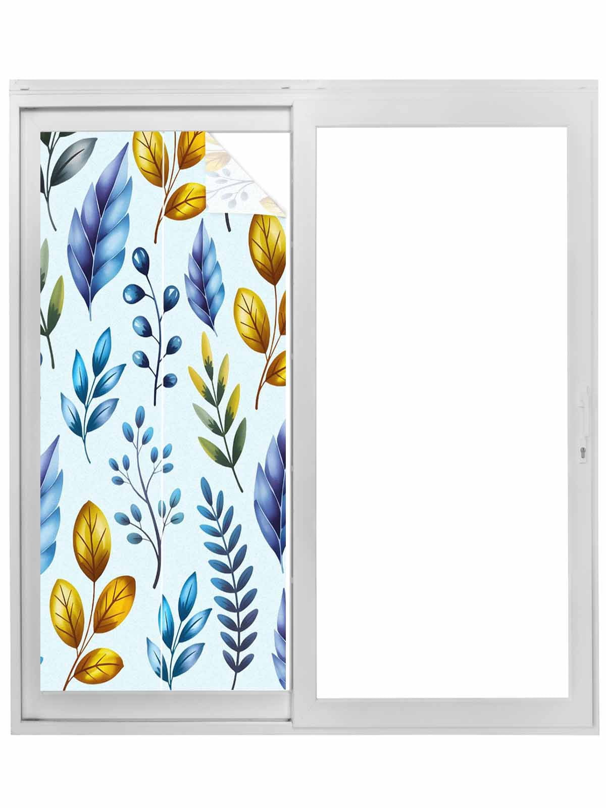 Blue Yellow Leaves Window Privacy Film, Spring Botanical Leaf Farmhouse ...