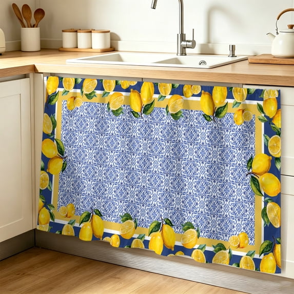 Blue Yellow Lemon Cabinet Curtain 28"W x 51"L, Summer Country Fruits ...