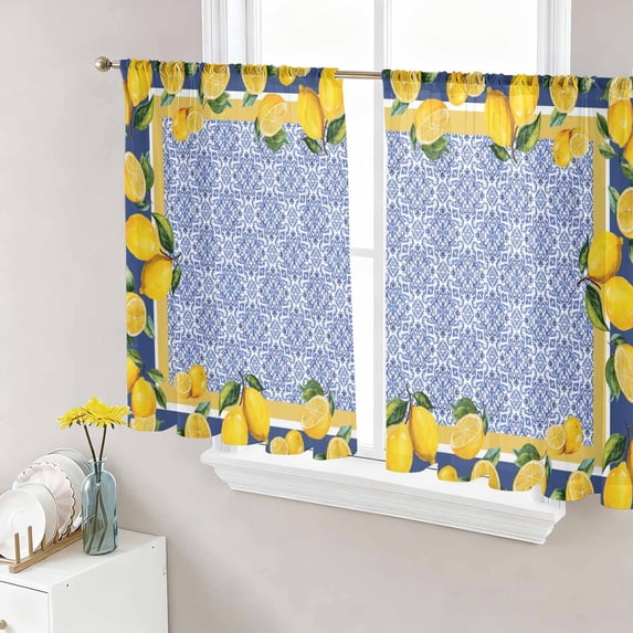 Blue Yellow Lemon Sheer Curtains 45 Inch Length 2 Panels Set, Summer ...
