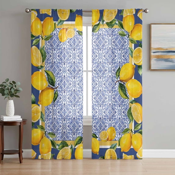 Blue Yellow Lemon Sheer Curtains 96 Inch Length 2 Panels Set, Summer ...